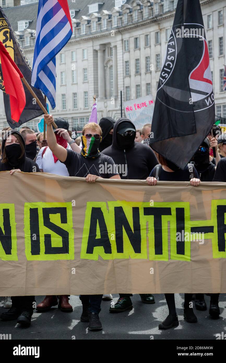 London, United Kingdom, August 3rd 2019:- Anti fascist demonstrators ...