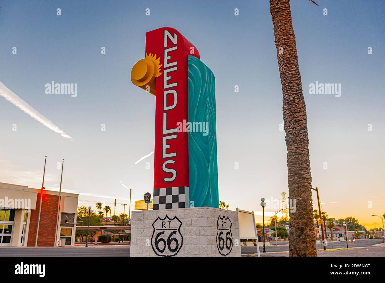 Needles USA - October 1 2015: bright red entrance sign to small town in ...