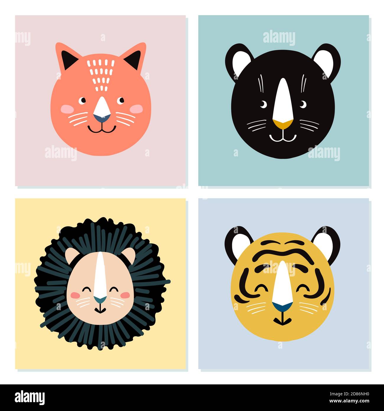 Set of cute lion, tiger, panther and cat cards. Cartoon vector ...