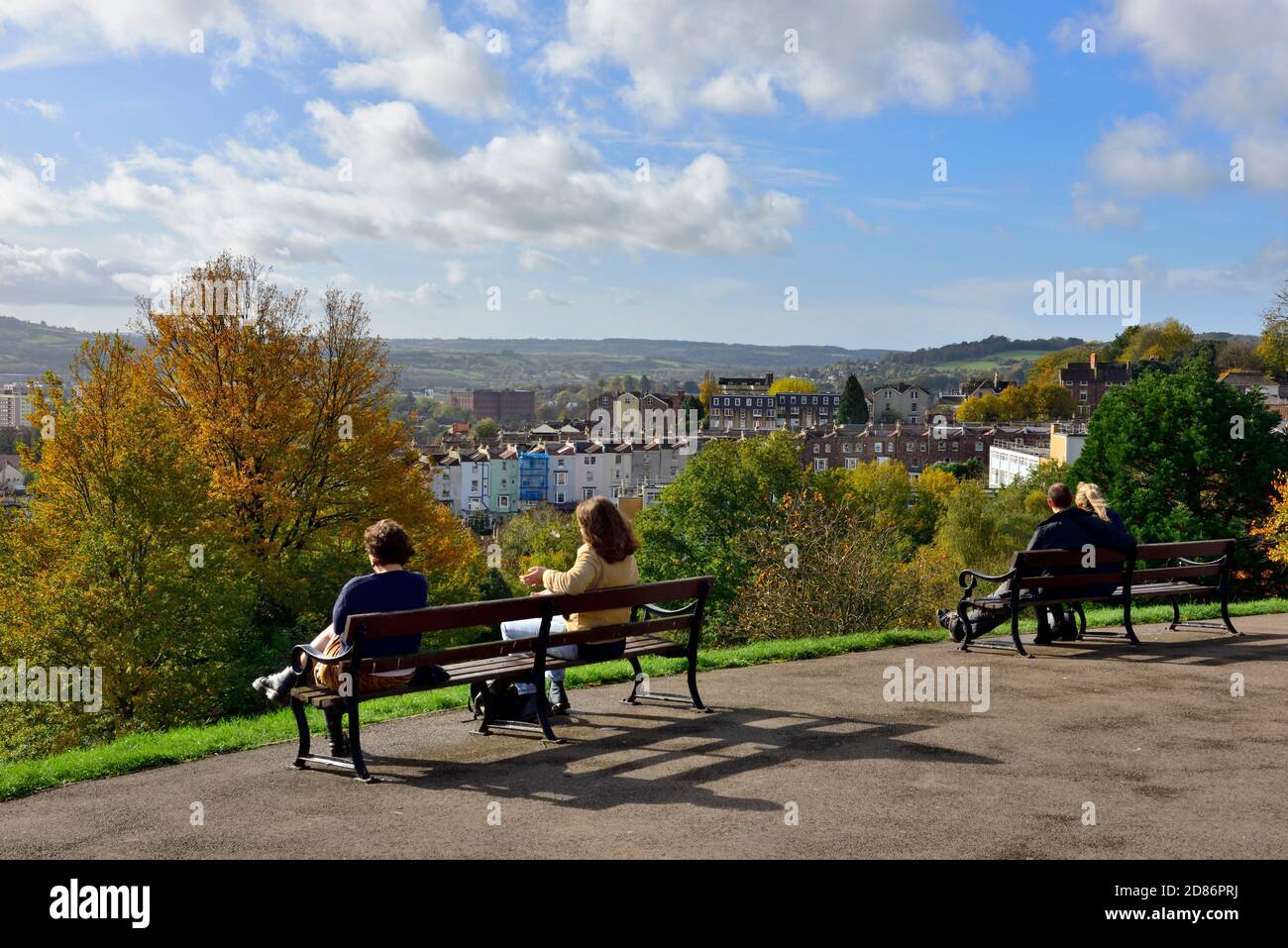 Autumn, people overlooking the city of Bristol from Brandon Hill Park ...