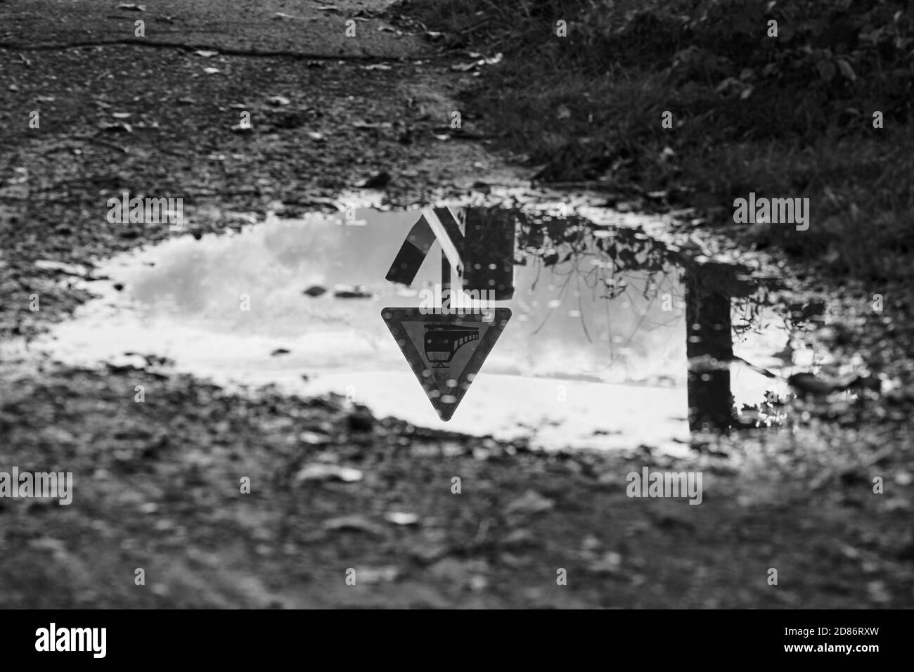 Road warning sign Black and White Stock Photos & Images - Alamy