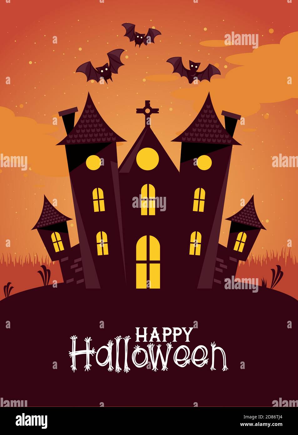 happy halloween celebration card with haunted castle and bats vector ...