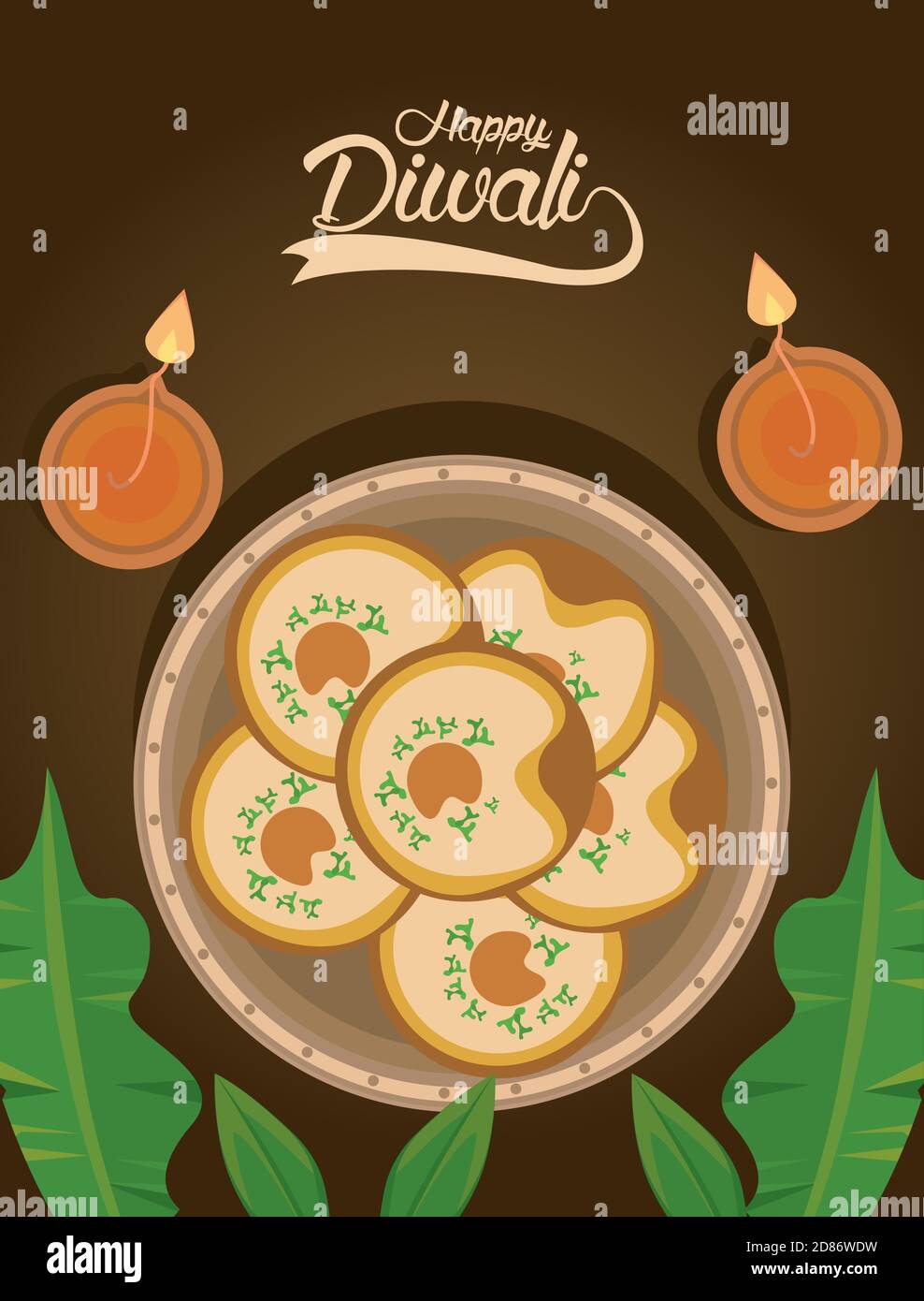 happy diwali celebration with two candles and food in dish vector ...