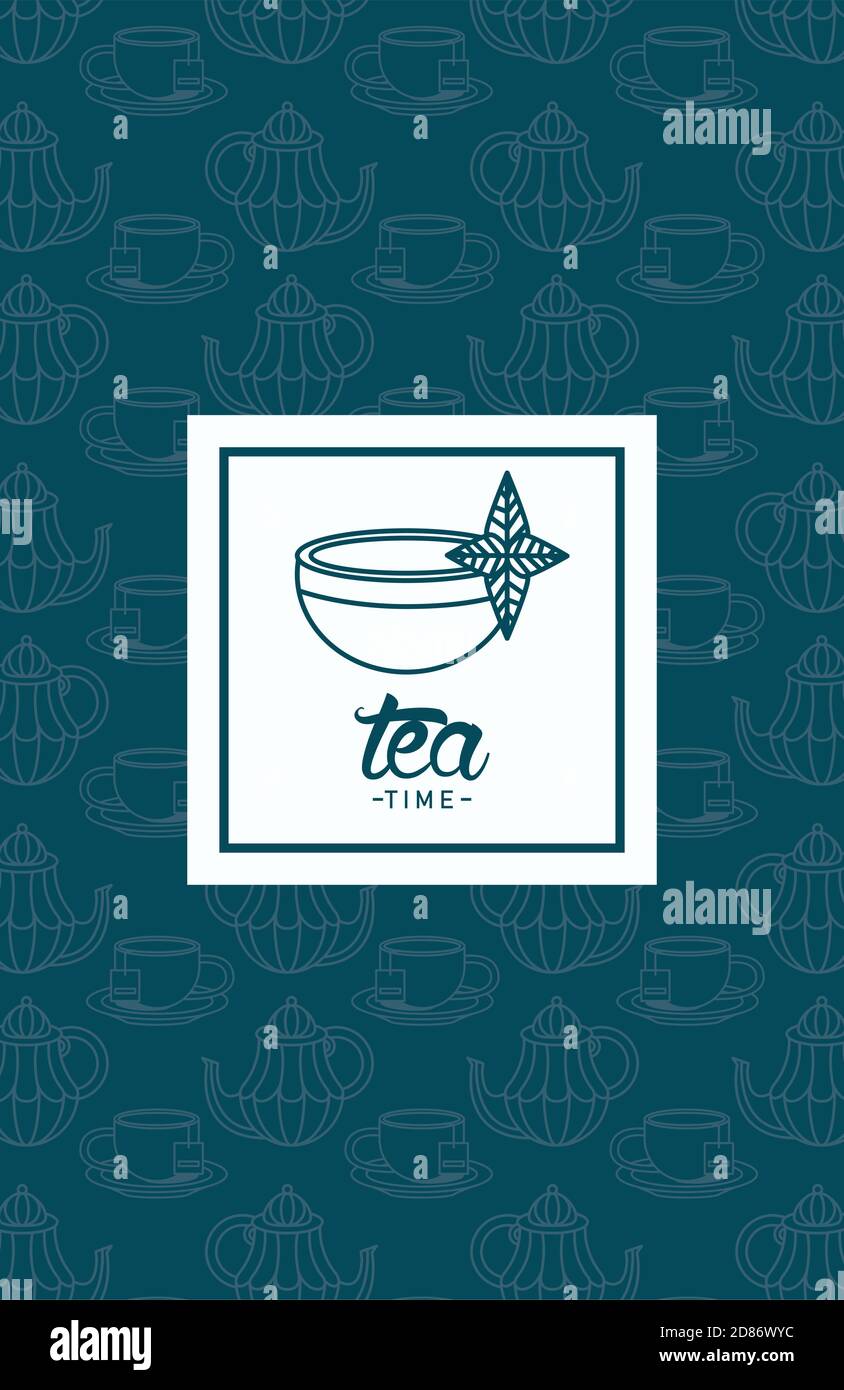 tea time lettering poster with teacup in square frame vector ...