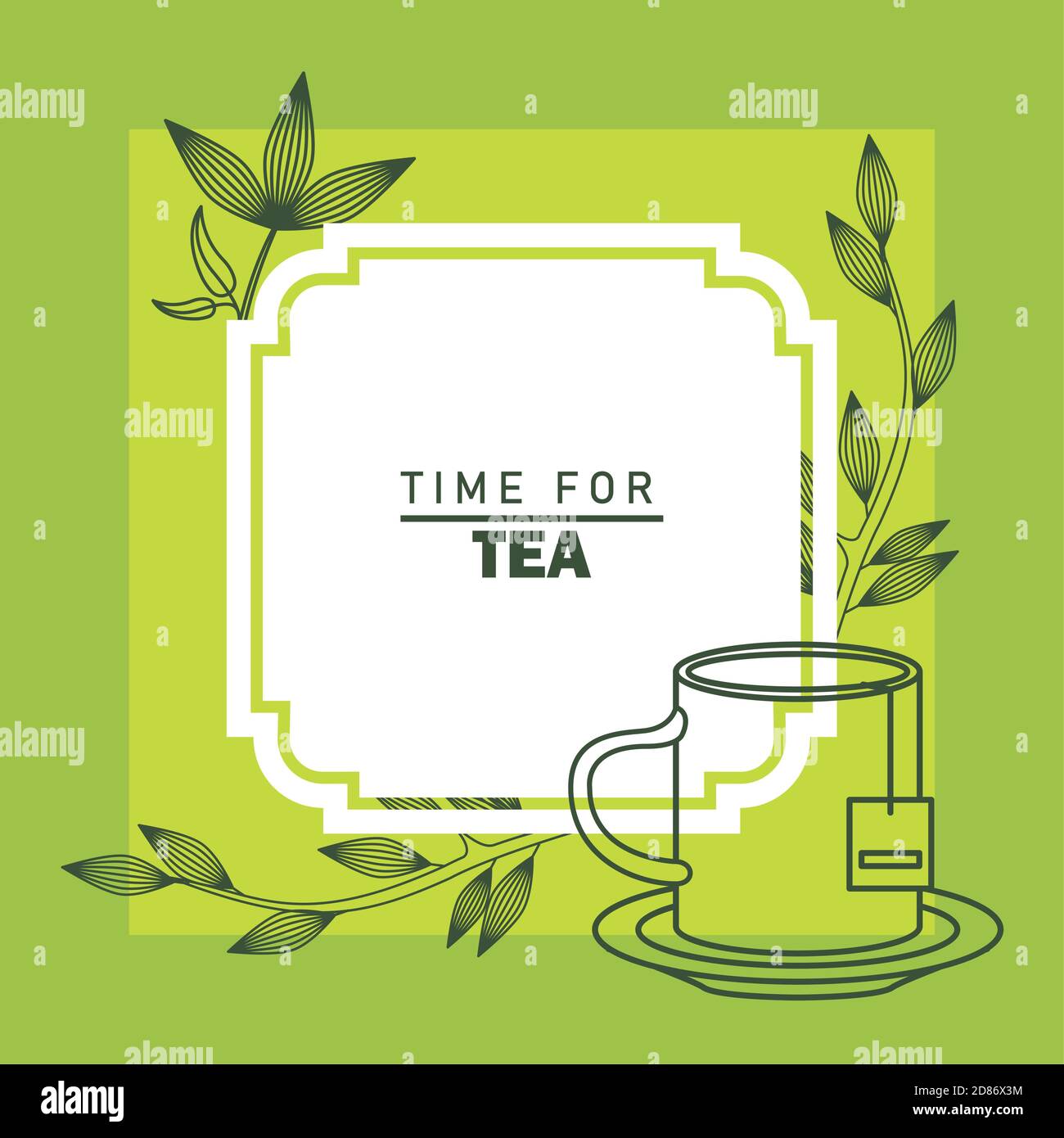 time for tea lettering poster with mug and leafs square frame vector ...