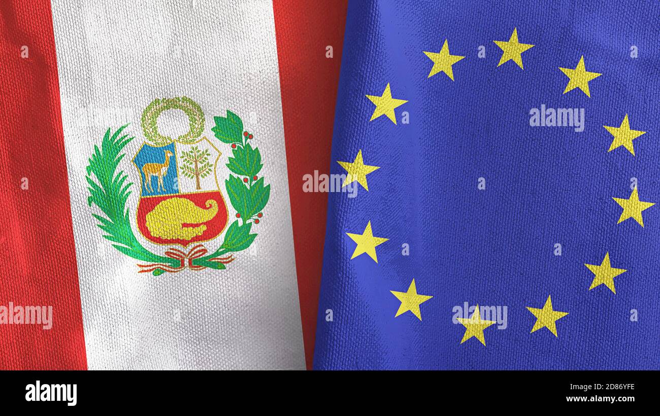 European Union and Peru two flags textile cloth 3D rendering Stock ...