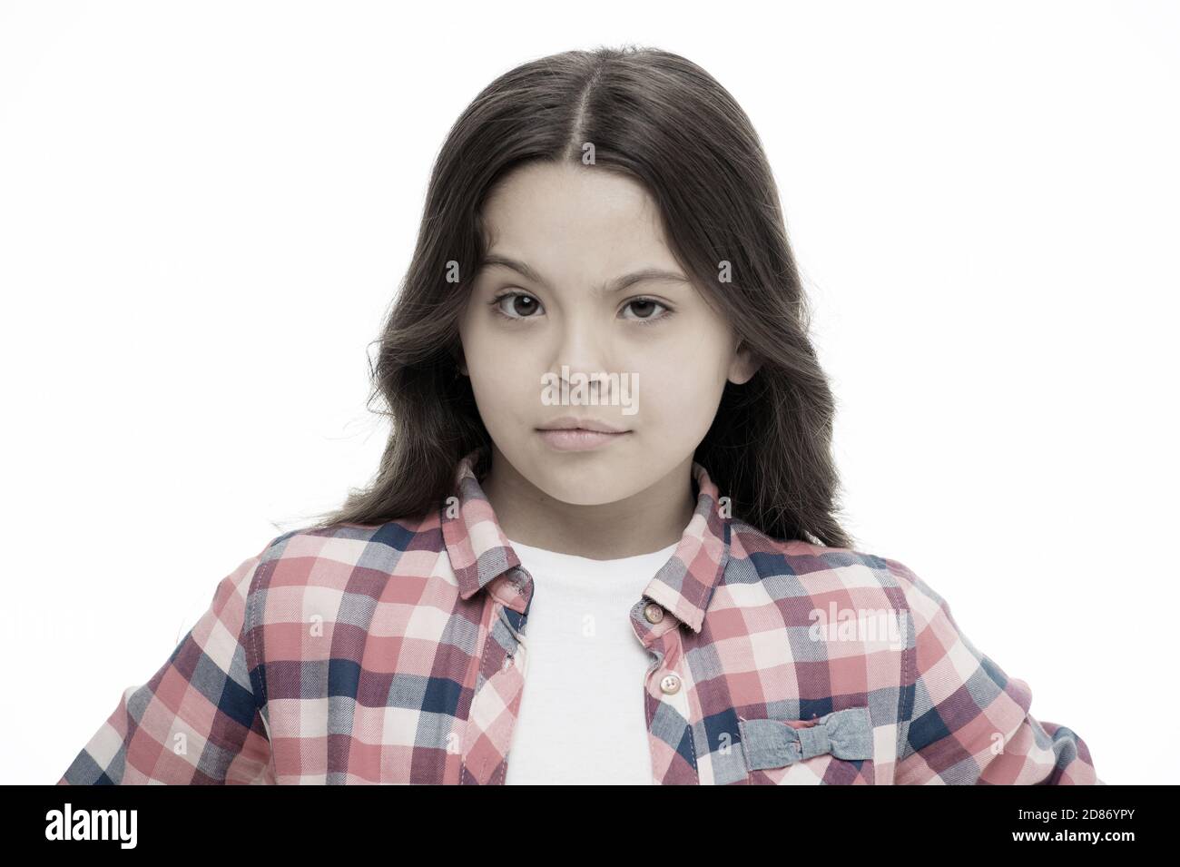 Little girl raise eyebrow isolated on white. Confident child with long ...