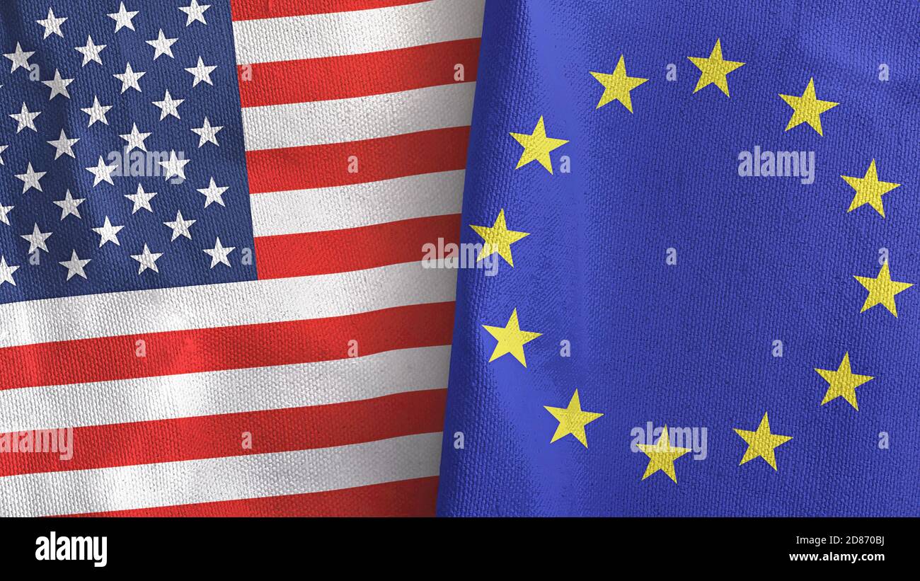 European Union and United States two flags textile cloth 3D rendering ...