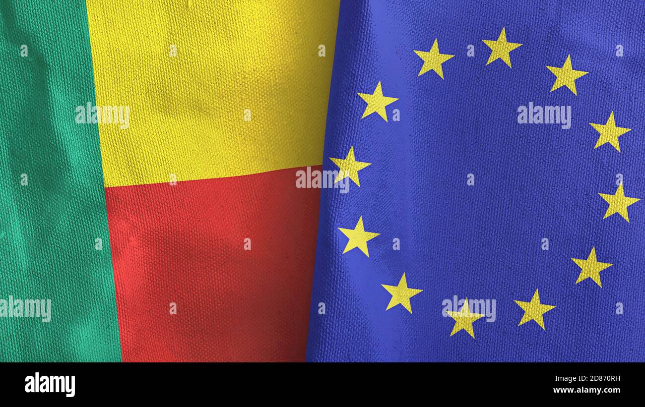 European Union and Benin two flags textile cloth 3D rendering Stock ...