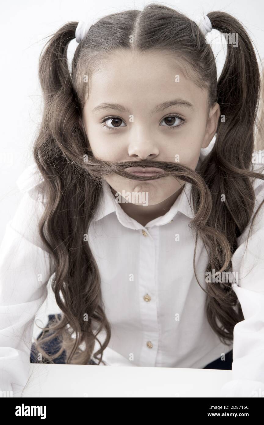 small girl with funny mustache. Small girl with long hair style Stock ...