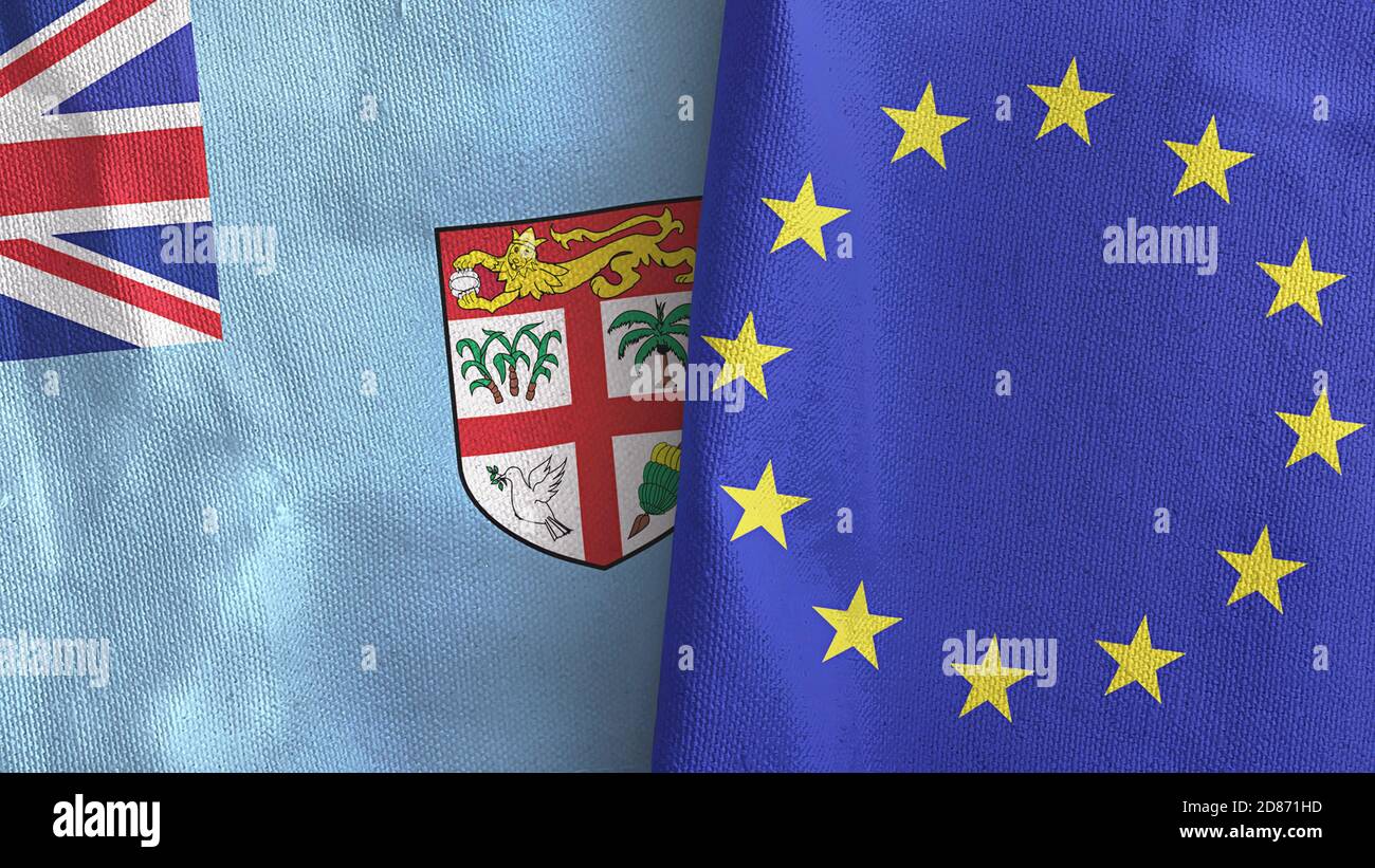 European Union and Fiji two flags textile cloth 3D rendering Stock ...