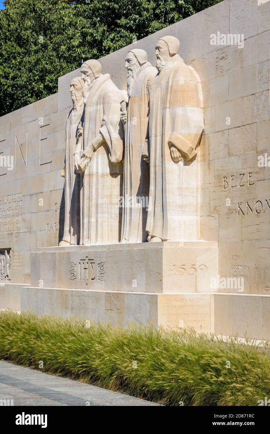 The four statues at the center of the Reformation Wall in Geneva ...