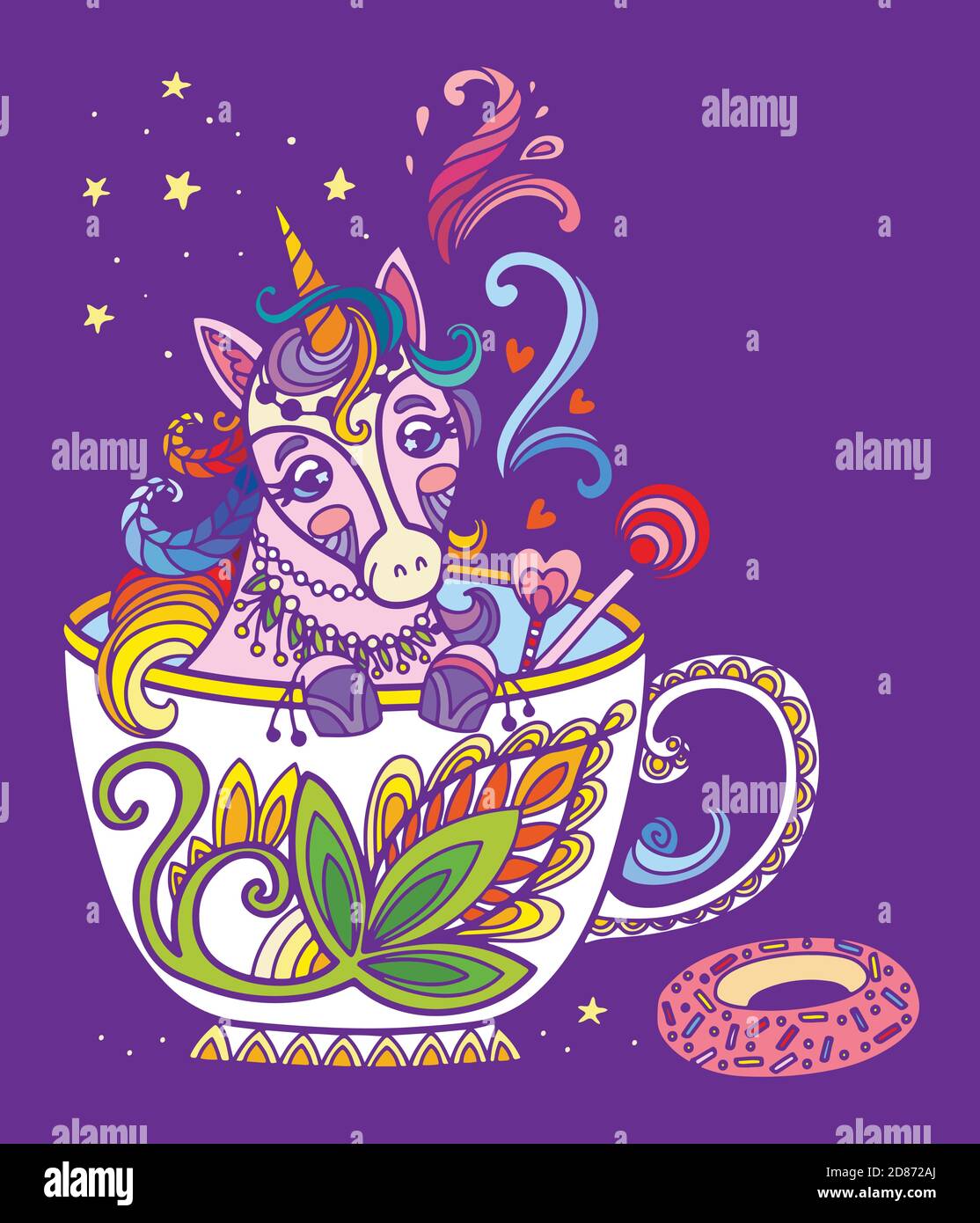 Cute kawaii unicorn in a cup. Adult antistress illustration with animal ...