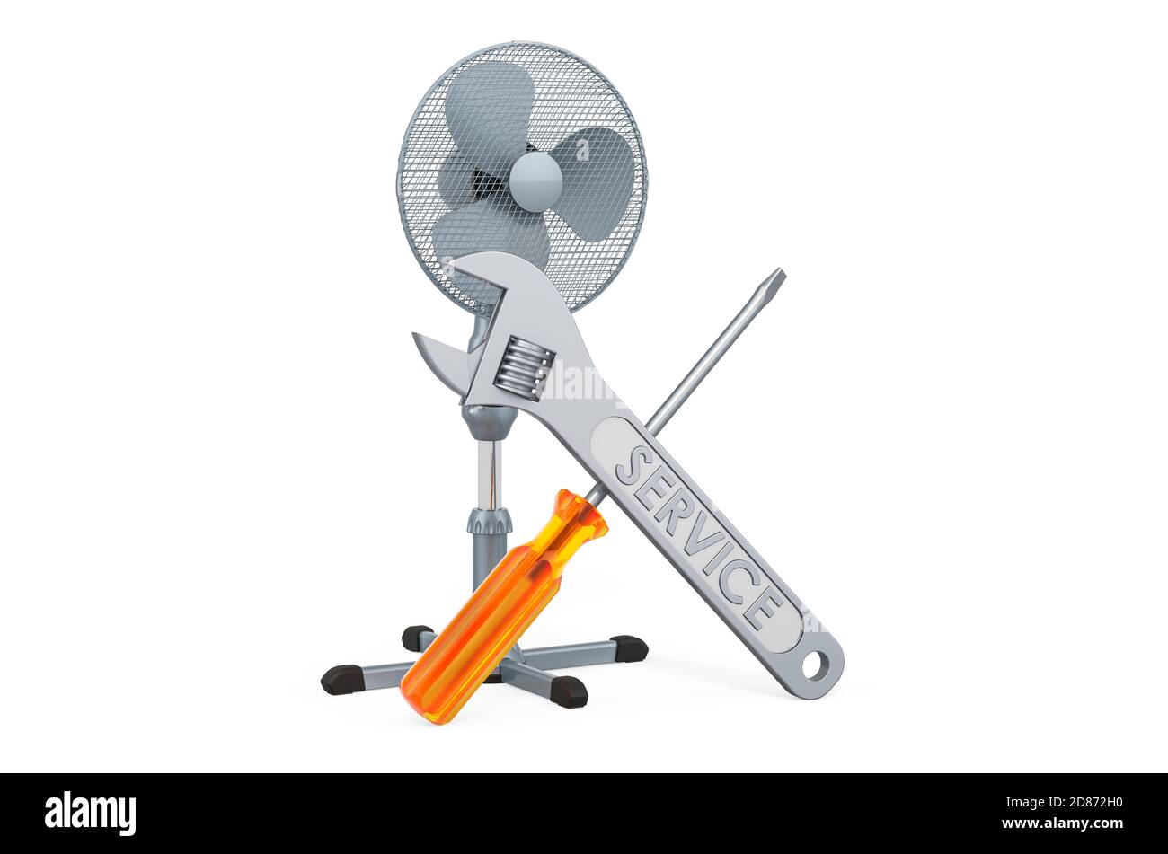 Repair and service of standing pedestal fan, 3D rendering isolated on ...