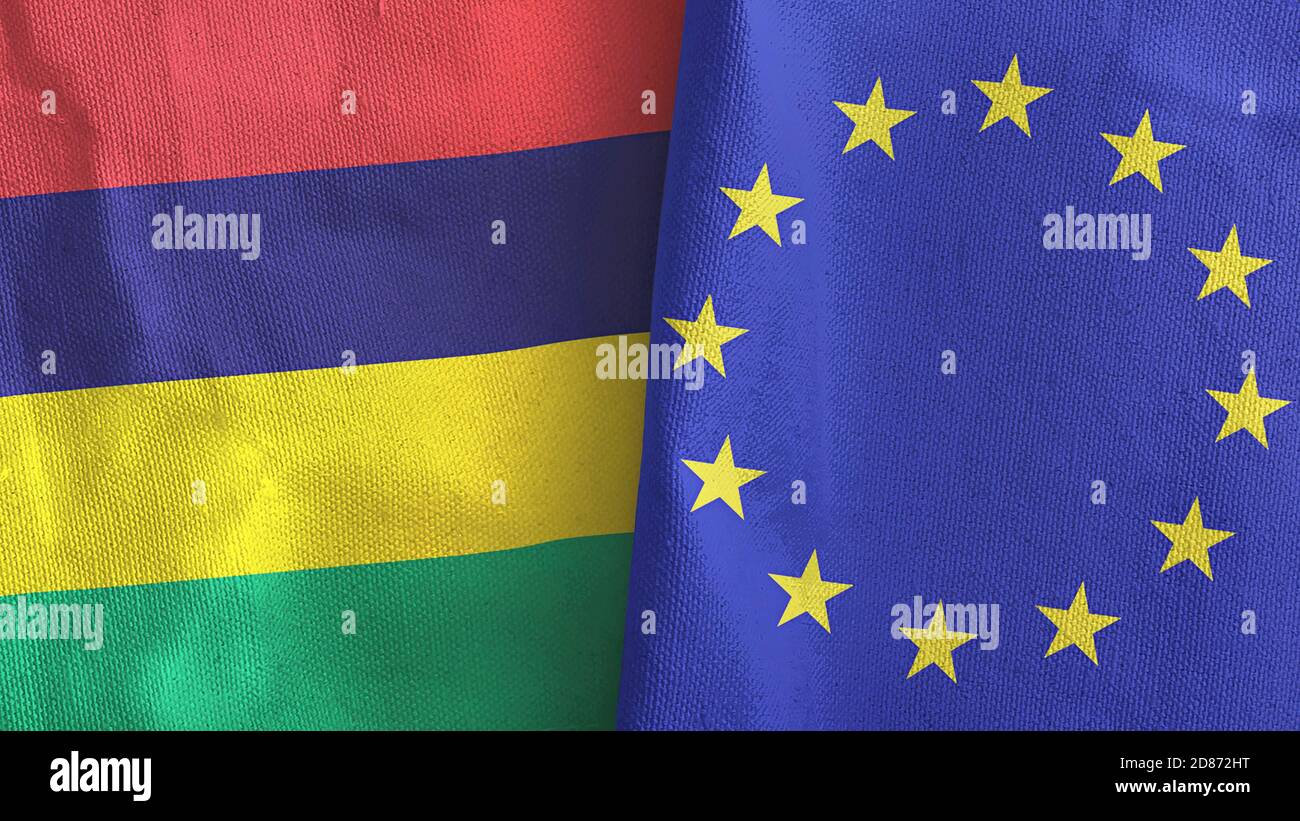 European Union and Mauritius two flags textile cloth 3D rendering Stock ...