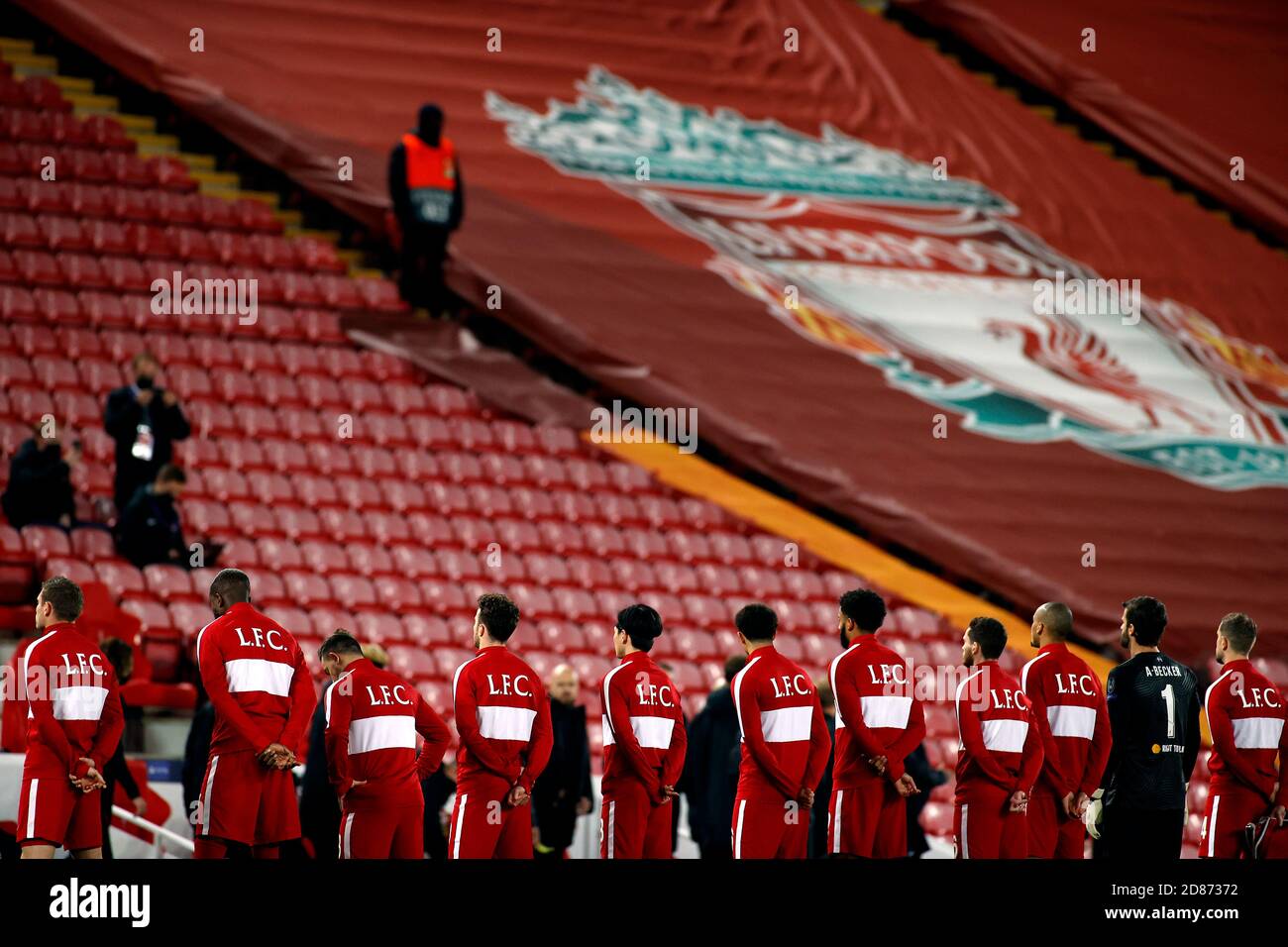 Liverpool line up in front of empty stands during the UEFA Champions ...