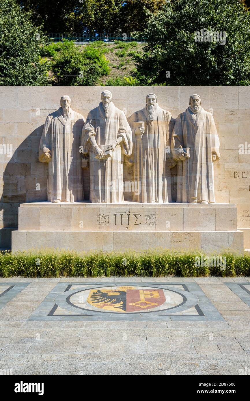 The four statues at the center of the Reformation Wall in Geneva ...