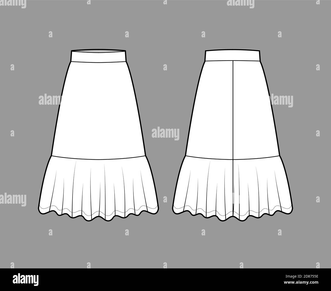 Skirt flounce technical fashion illustration with below-the-knee ...