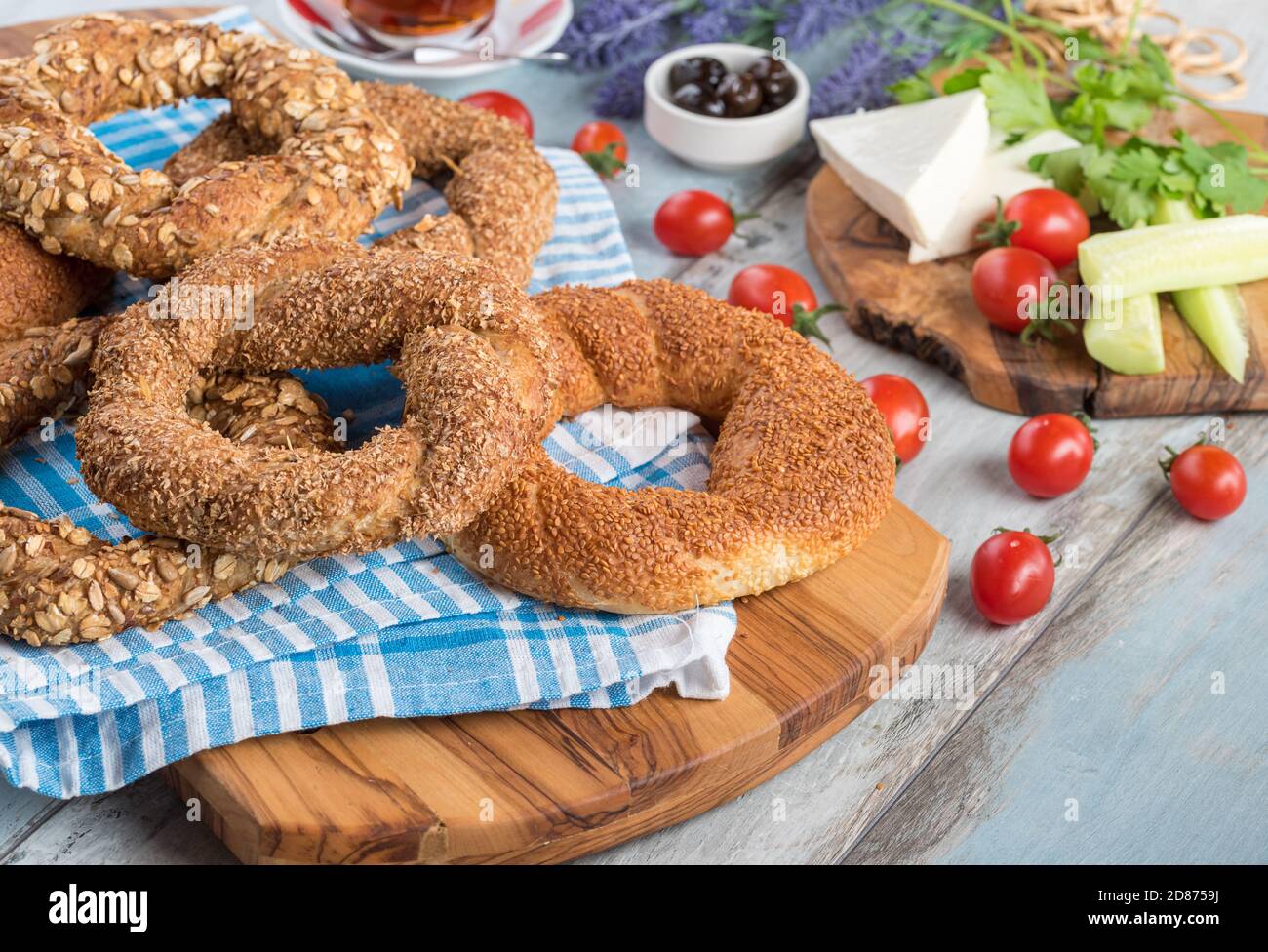 different types of Turkish bagels served with foods for breakfast and Turkish tea Stock Photo ...