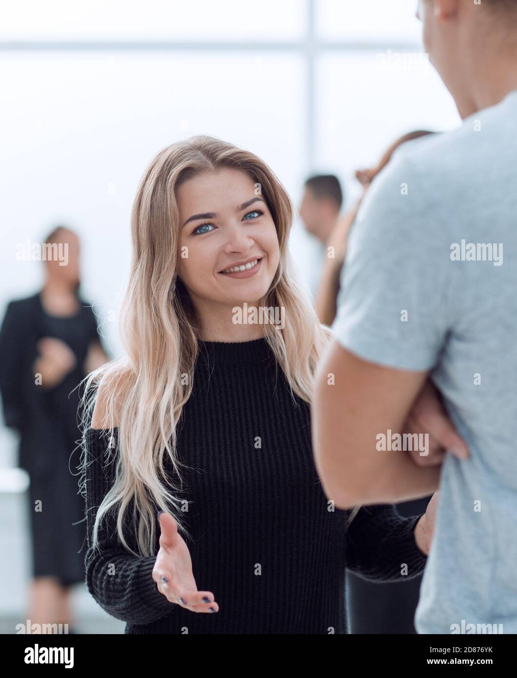 Close up employee talking colleagues hi-res stock photography and images - Alamy