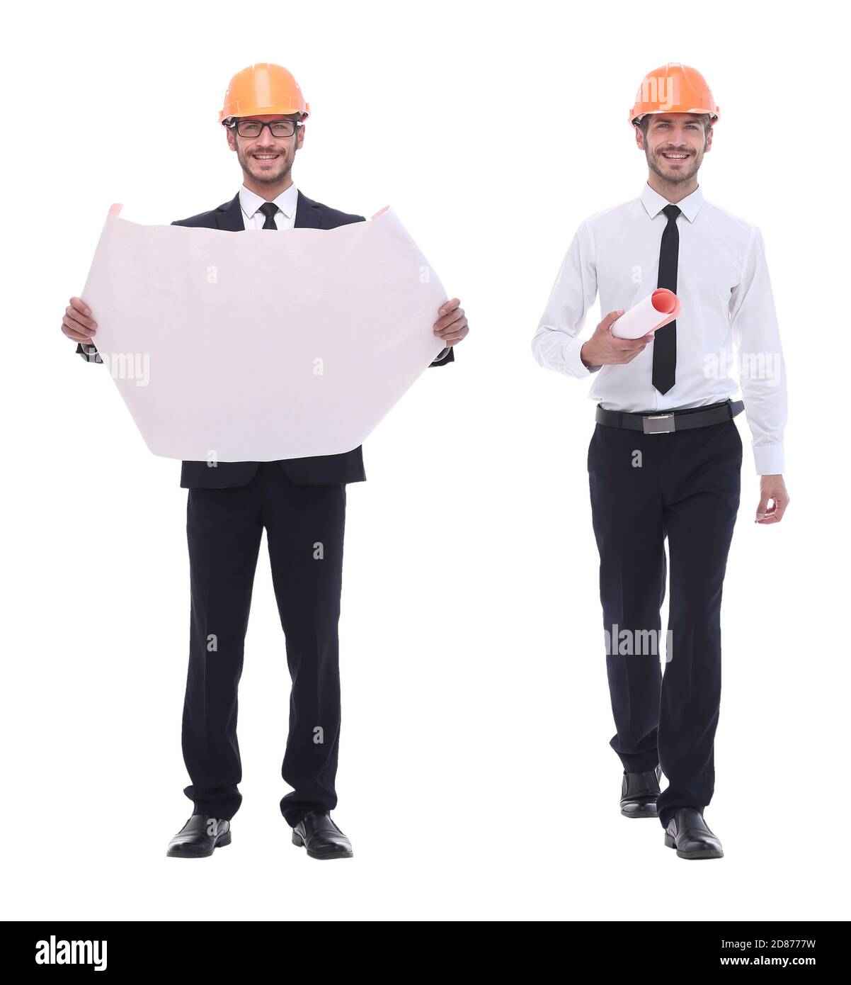 full-length .architect in orange helmet with drawings for new project ...