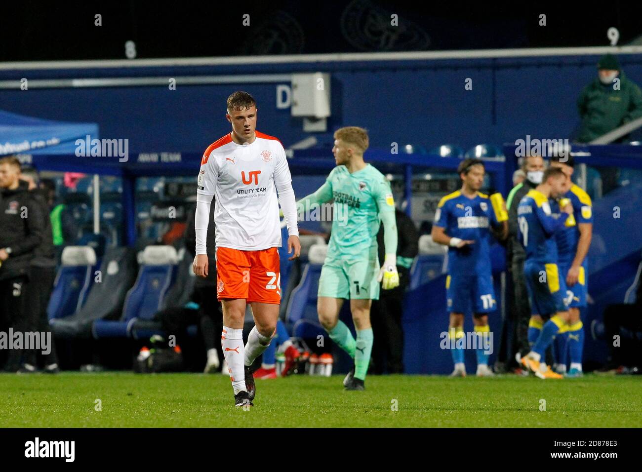 Kingston, UK. 27th Oct, 2020. Daniel Ballard of Blackpool cuts a ...