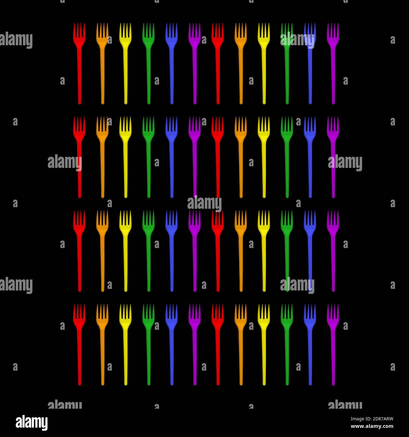Plastic forks on a black background. Disposable plastic tableware in ...
