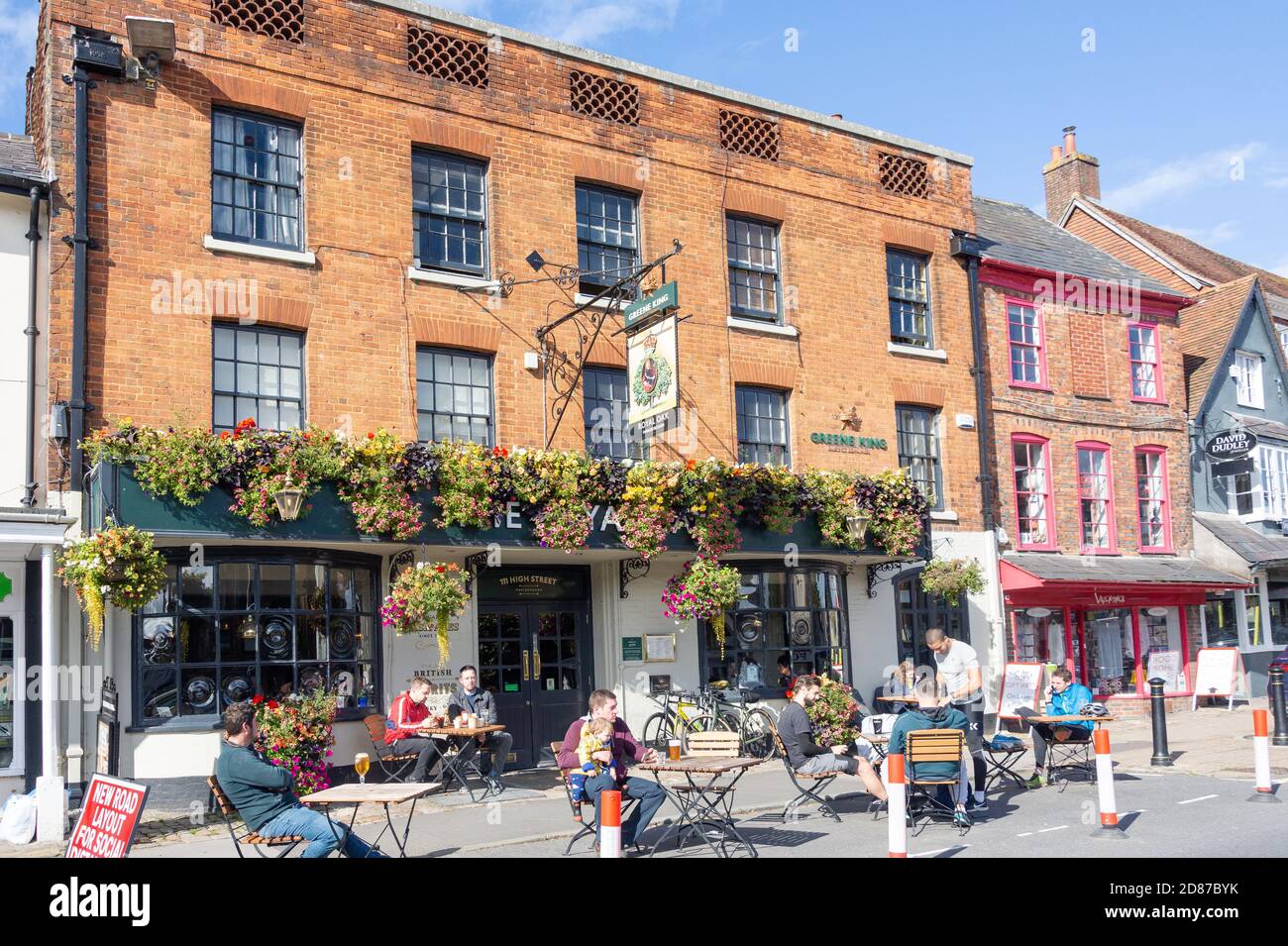 Flower baskets exterior facade the royal oak pub outdoor seating hi-res ...