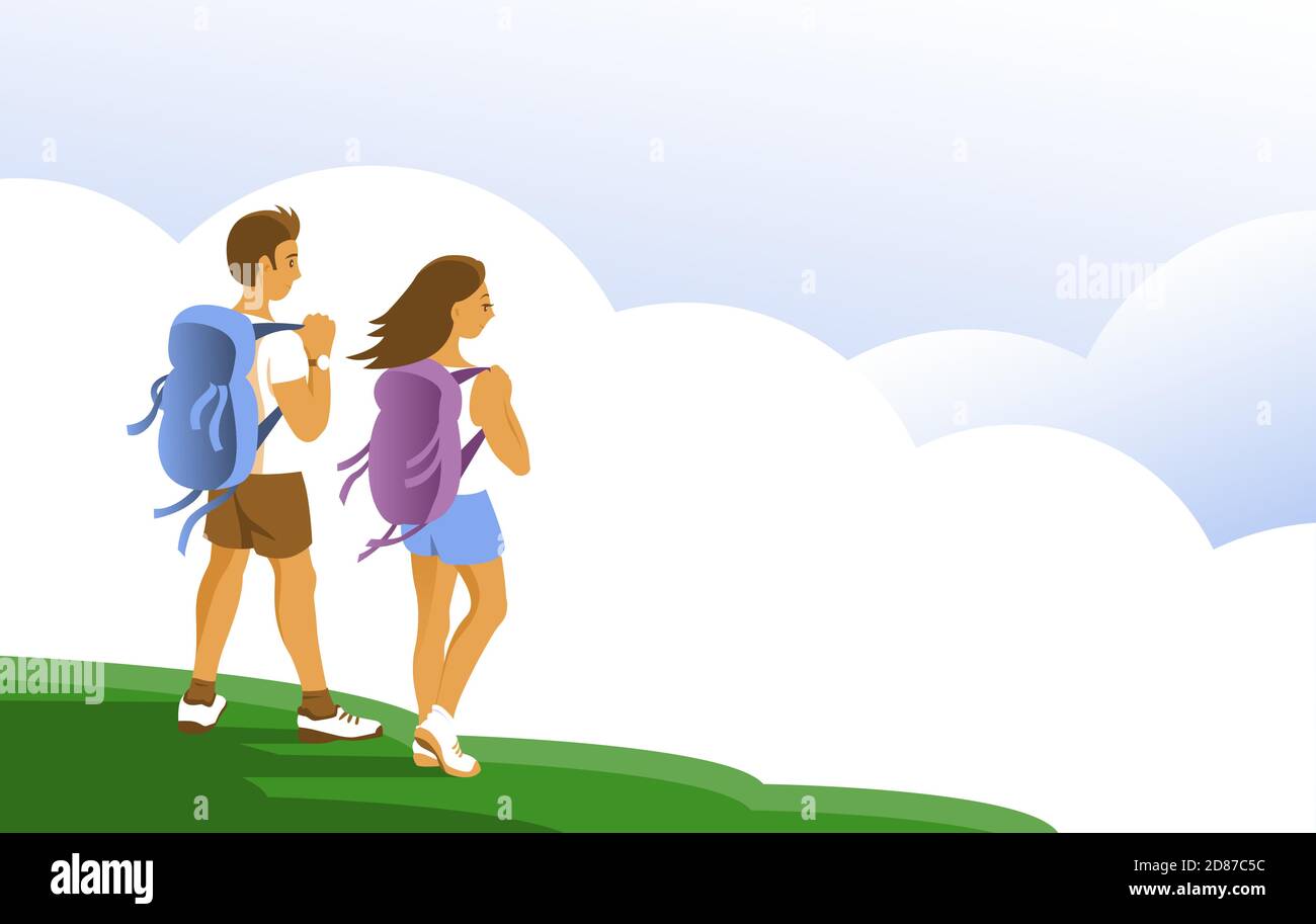 Young man and woman with backpacks on the top of the mountain. Summer ...