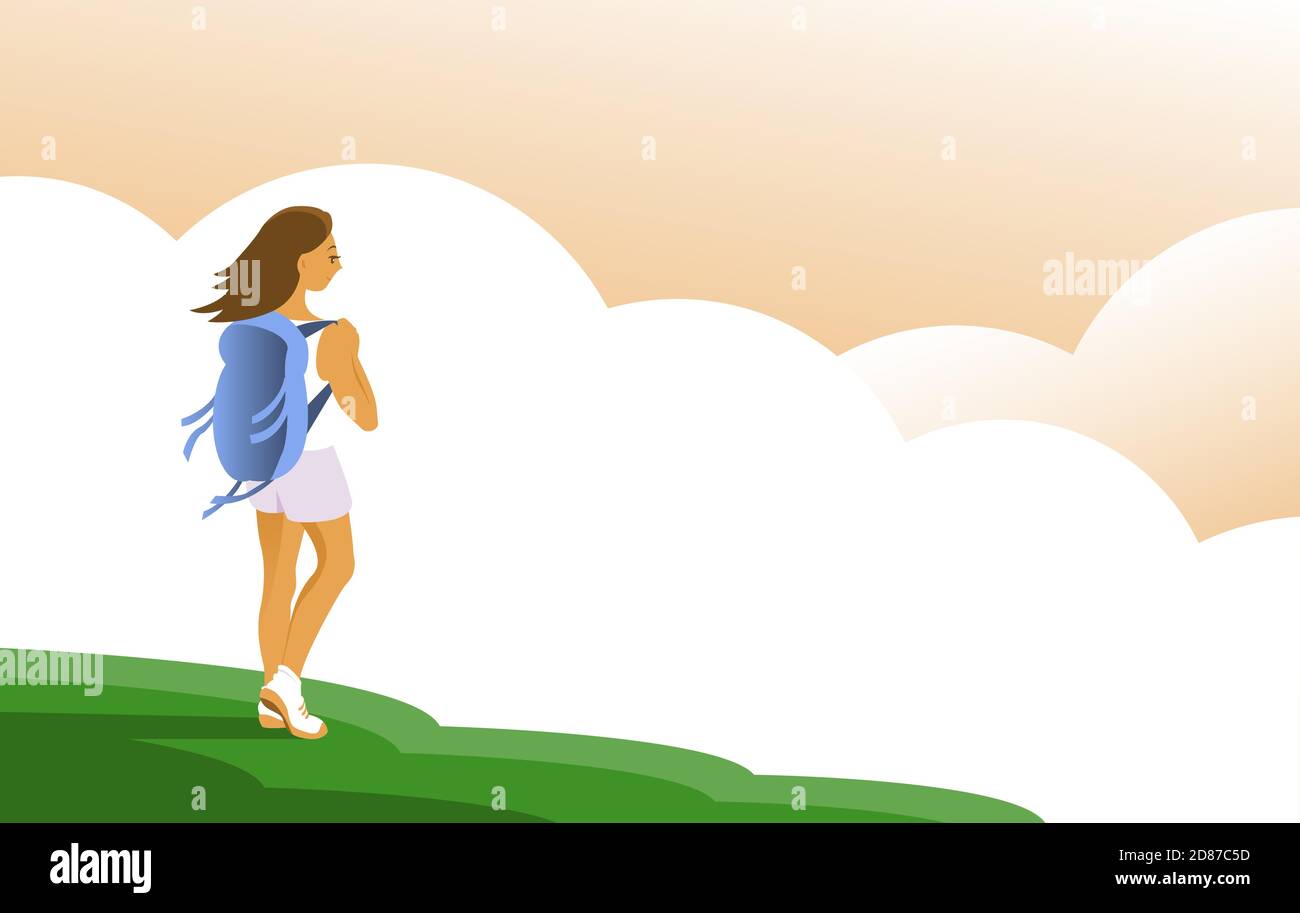 Young beautiful woman with a backpack on the top of the mountain ...