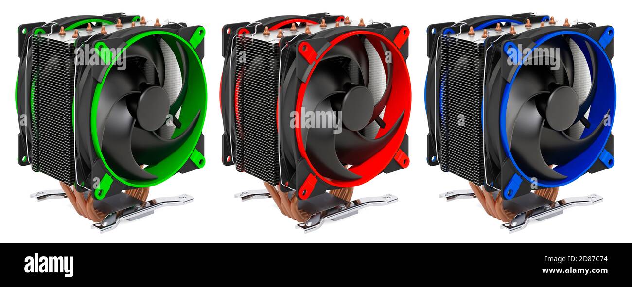 Set of colored CPU fans. 3D rendering isolated on white background ...