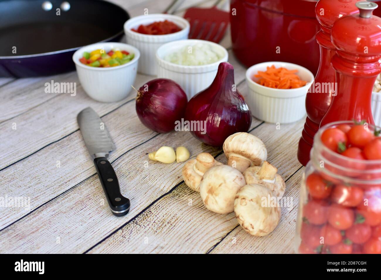 Fresh organic ingredients ready for preparing healthy soups and stews ...