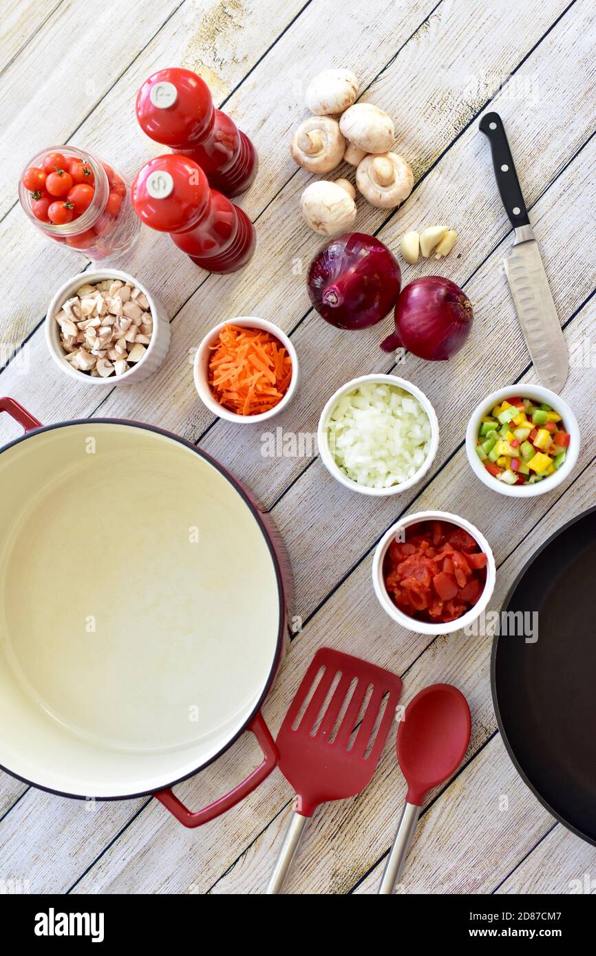 Fresh organic ingredients ready for preparing healthy soups and stews ...