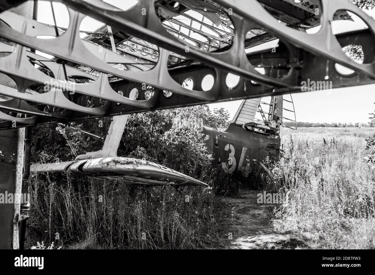 Wing of An-2 construction close-up in black and white. Antonov soviet ...