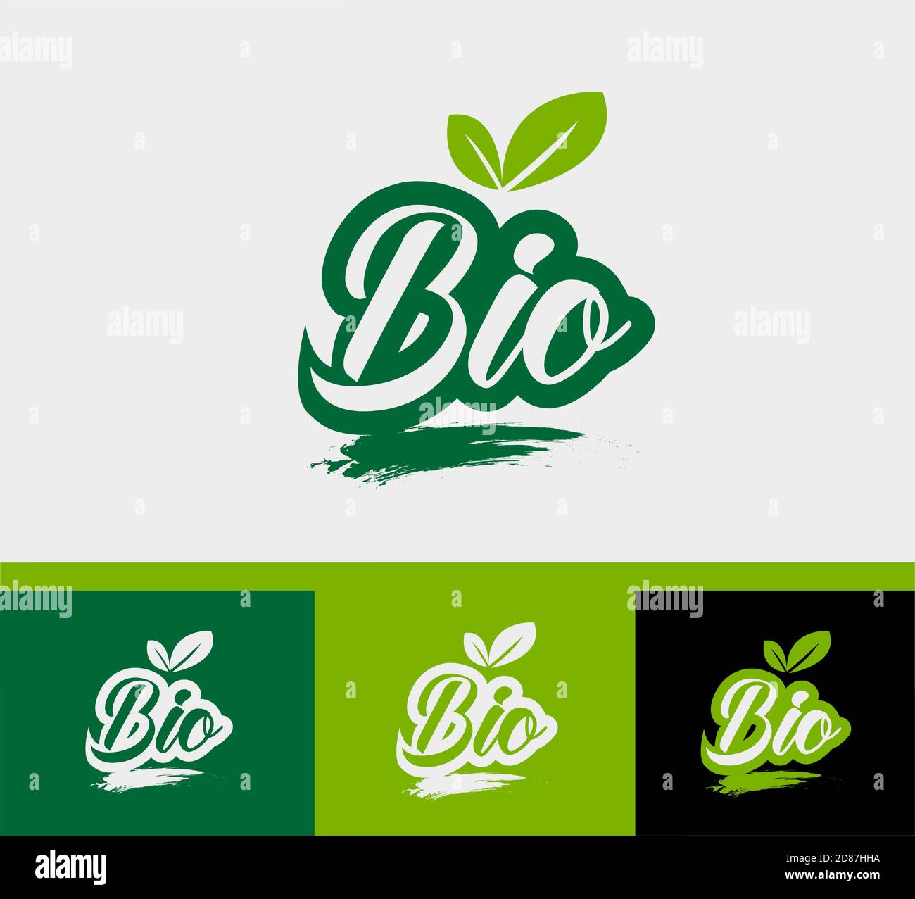 Bio text word with green leaf for logo icon design. Hand written badge ...