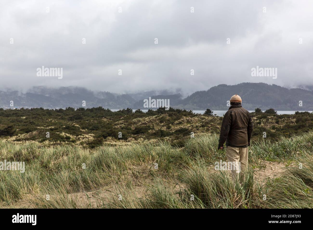 An older man stands on a headland of dune grass and looks out across ...