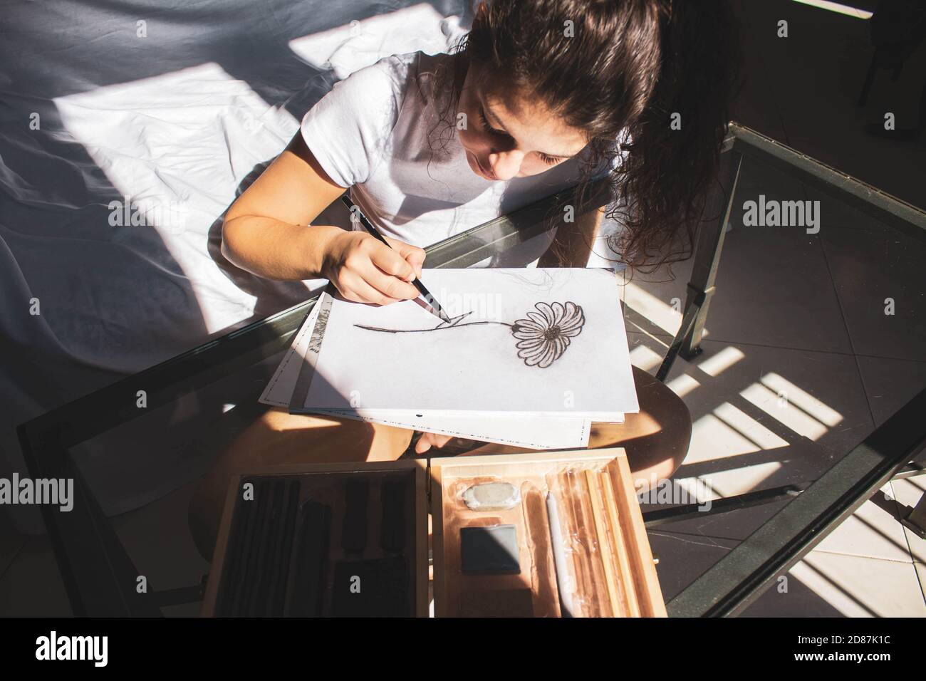 woman drawing with the drawing kit in the living room Stock Photo - Alamy