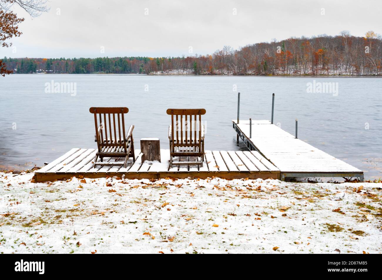 Snow Covered Dock on Calm Lake Stock Photo - Alamy