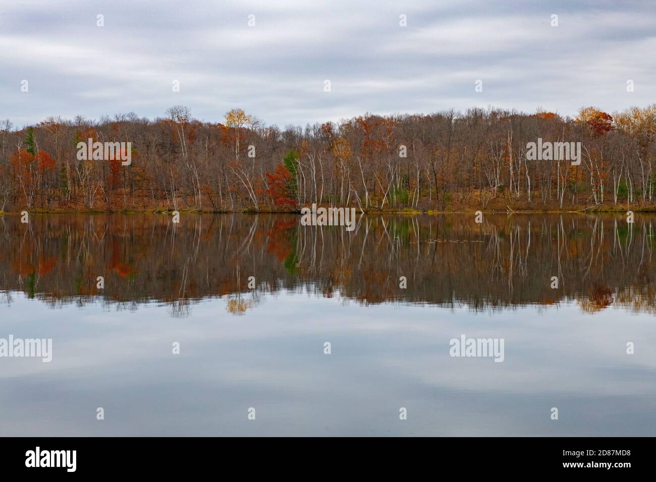 Shore reflection on lake in the fall Stock Photo - Alamy