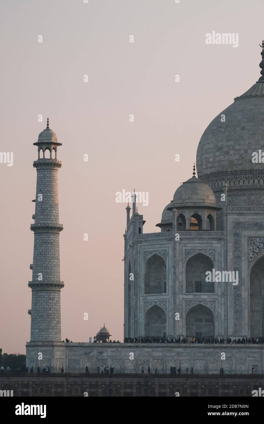View of the Taj Mahal and one of the four minarets, half side view ...