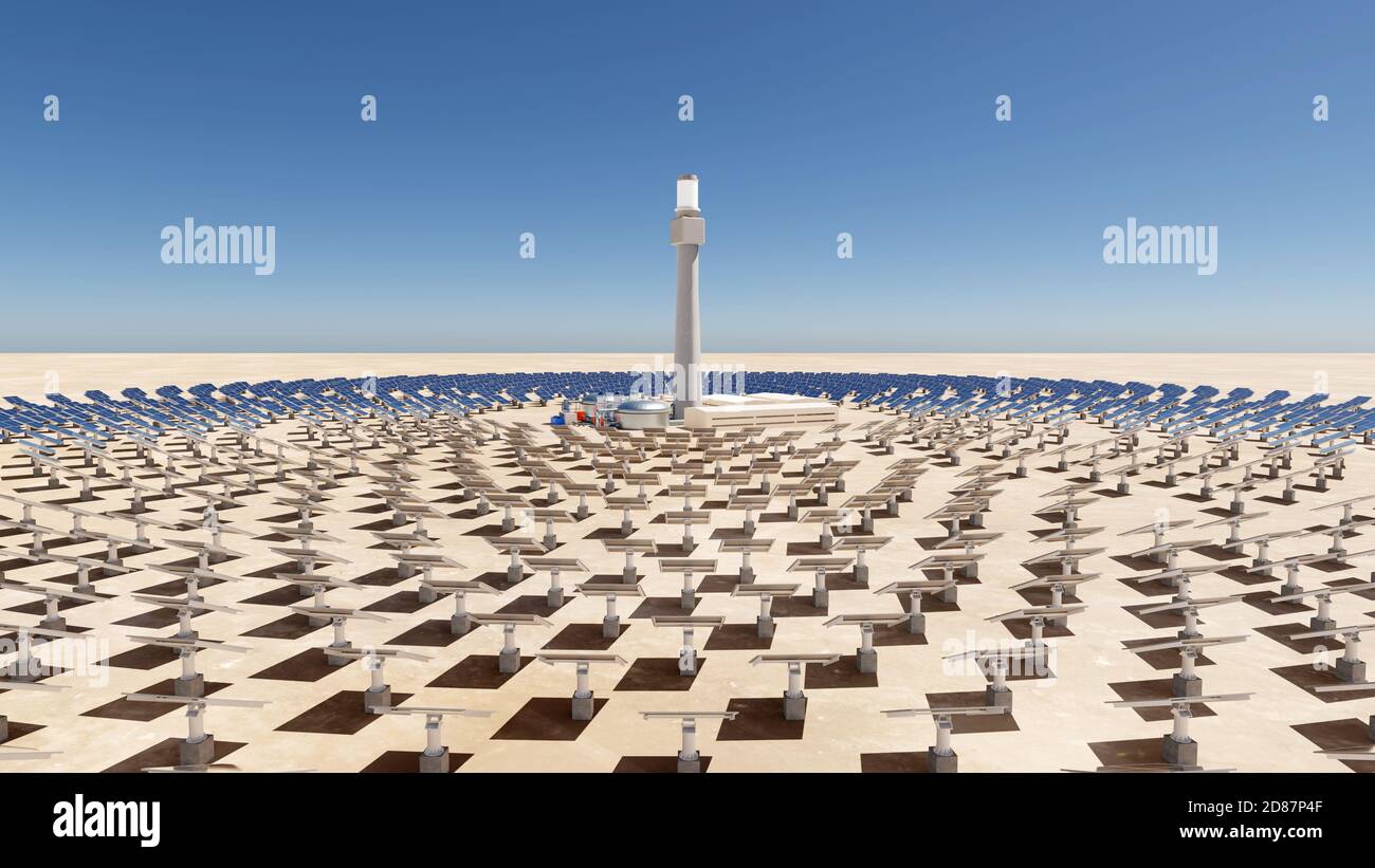 Solar thermal energy plant with a circular array of collectors. Clean ...