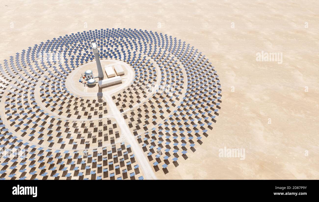 Solar thermal energy plant with a circular array of collectors. Clean ...