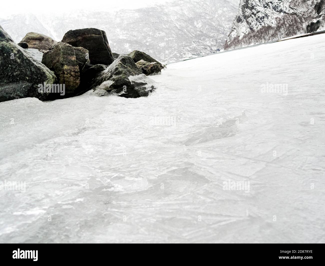 Winter landscape at the Frozen river lake fjord, ice banks in ...