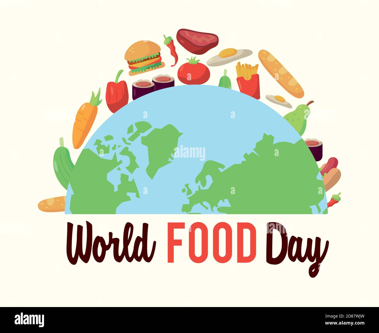 world food day lettering poster with earth planet half and food vector ...