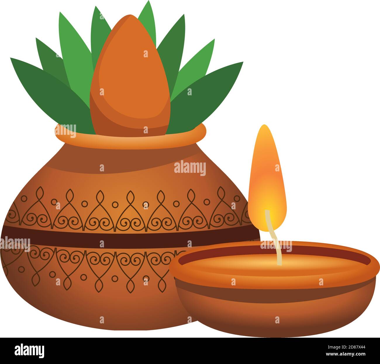 hindu ceramic pot with house plant and candle vector illustration ...