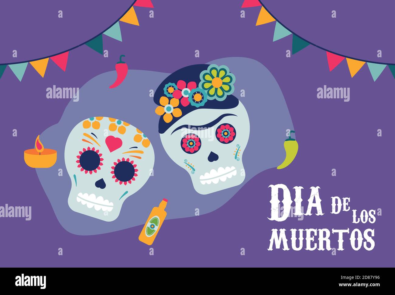 dia de los muertos poster with skulls couple and garlands hanging ...