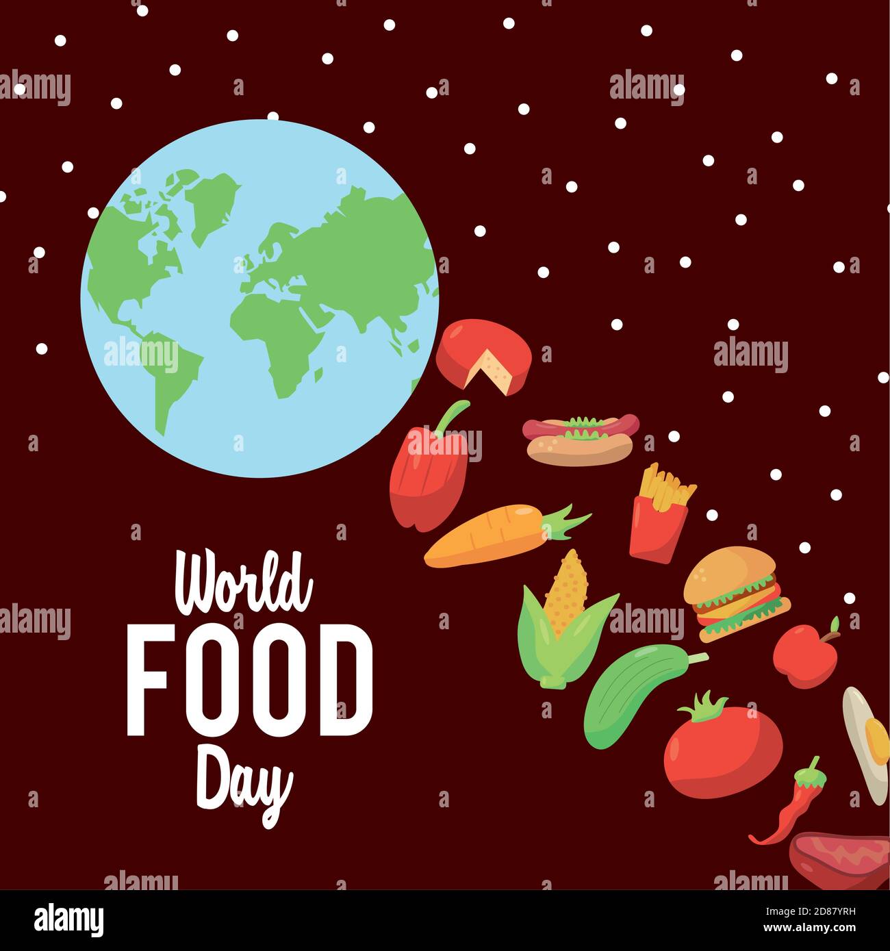 world food day lettering poster with earth planet and delicious food ...
