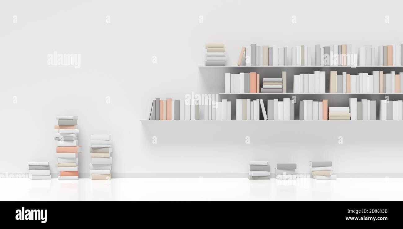 Multiple book shelves with books and stacked books on white wall in ...