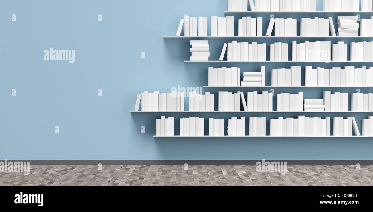 Multiple book shelves with white books on blue wall in room with wooden ...