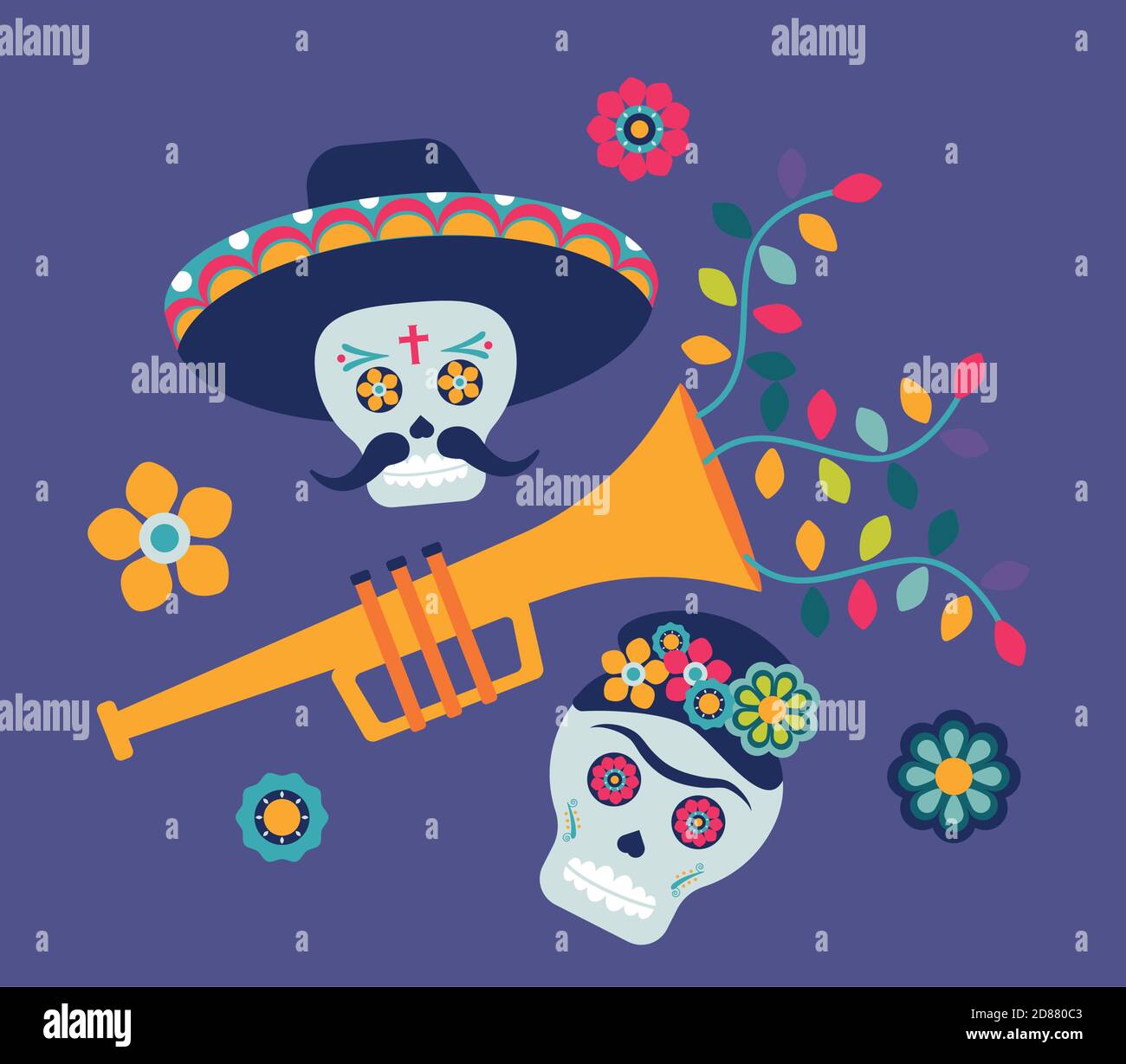 dia de los muertos poster with skulls couple and trumpet vector ...